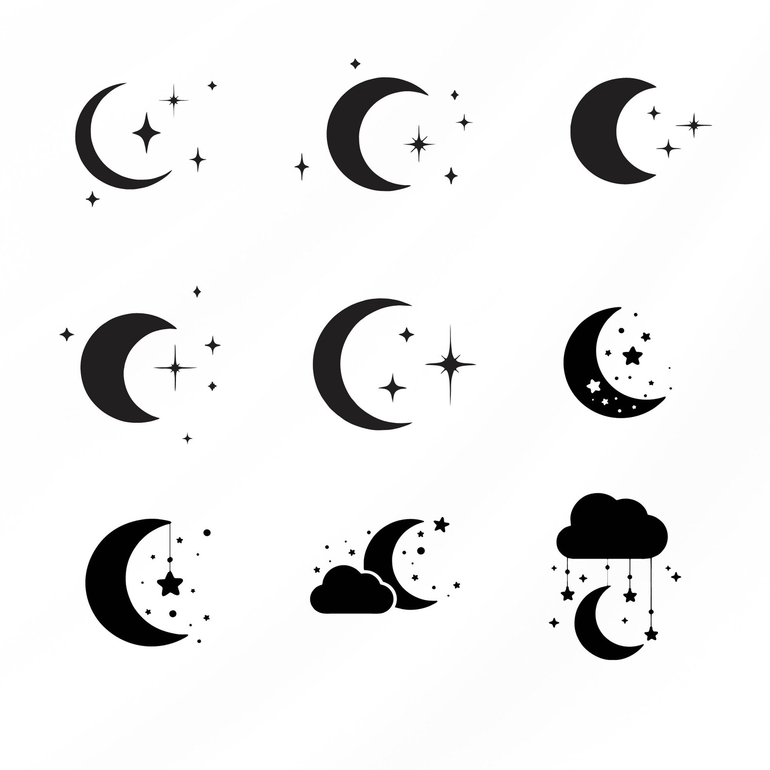 Moon and Stars Svg Bundle, Crescent Moon Clipart for Cricut, Moon Stars ...