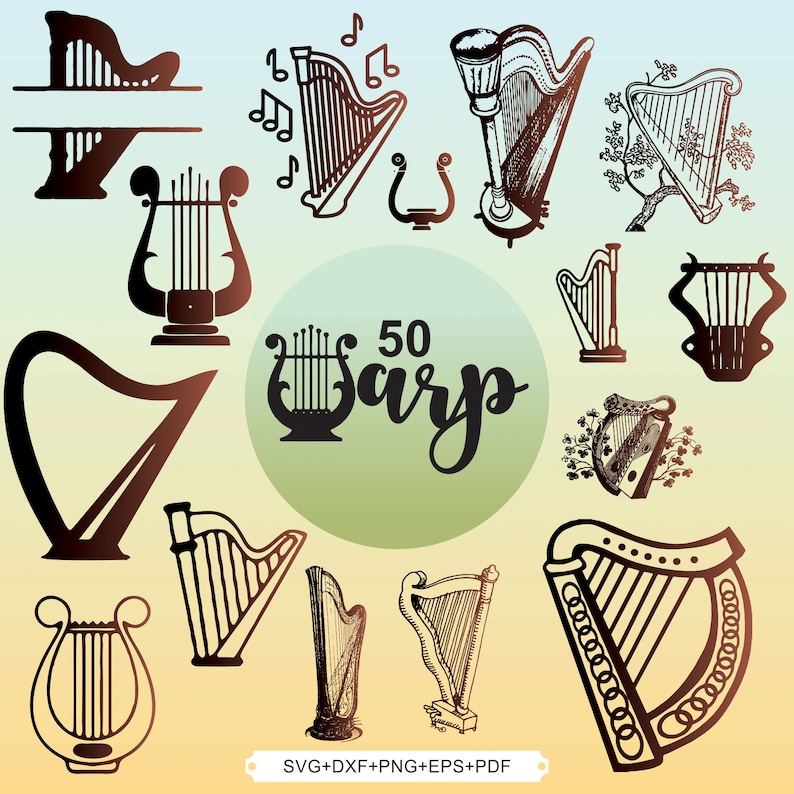 Harp Svg Bundle, Harp Clipart for Cricut, Musical Instruments Cut Files ...