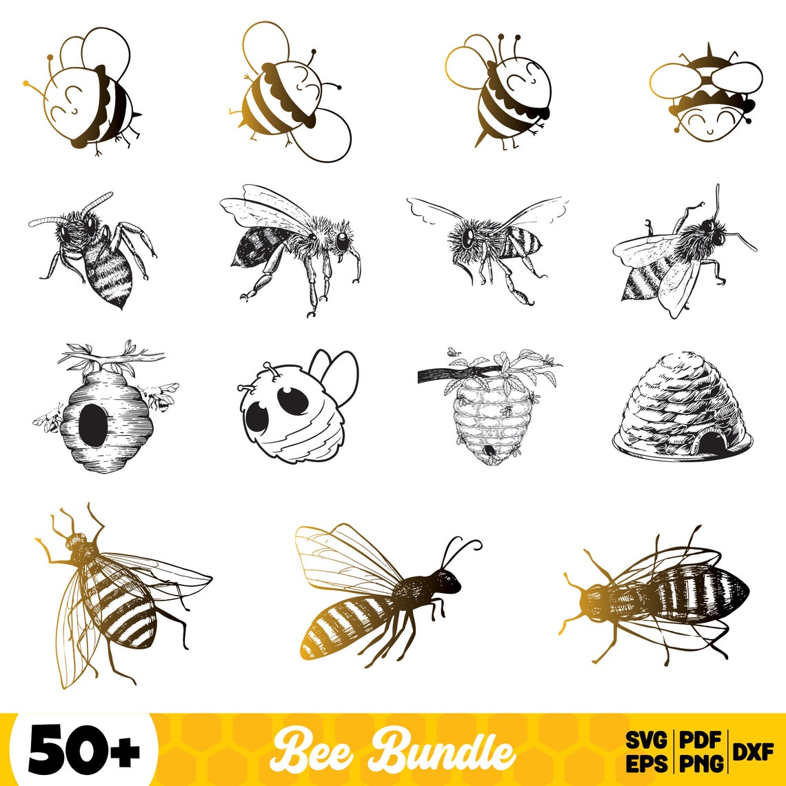 Bee Svg Bundle, Honey Bee Clipart for Cricut, Honeycomb Silhouette, Bee ...