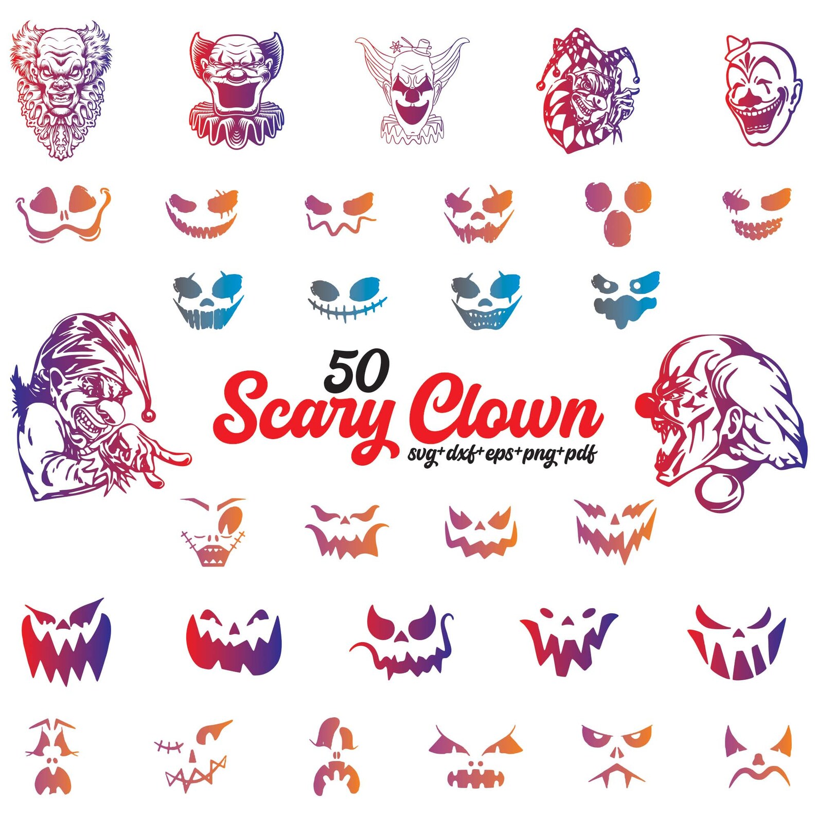 Scary Clown Svg Bundle, Scary Clipart for Cricut, Scary Clown ...