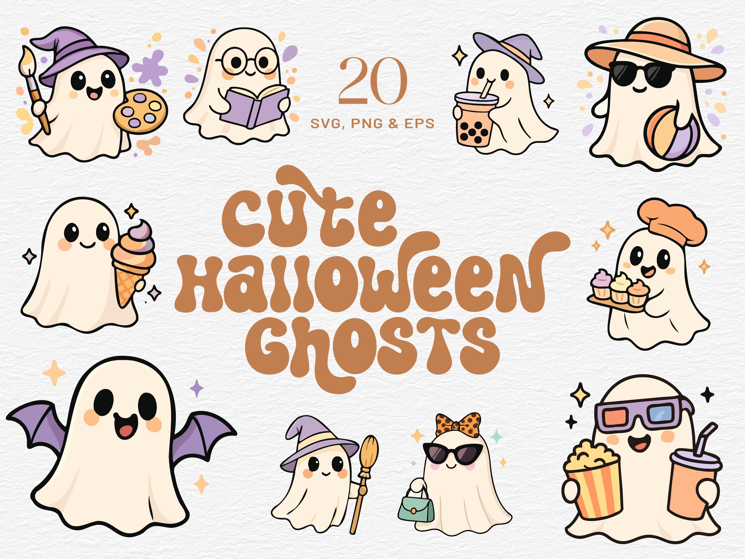 Cute Halloween Ghosts Clipart Bundle | Kawaii Halloween Designs ...