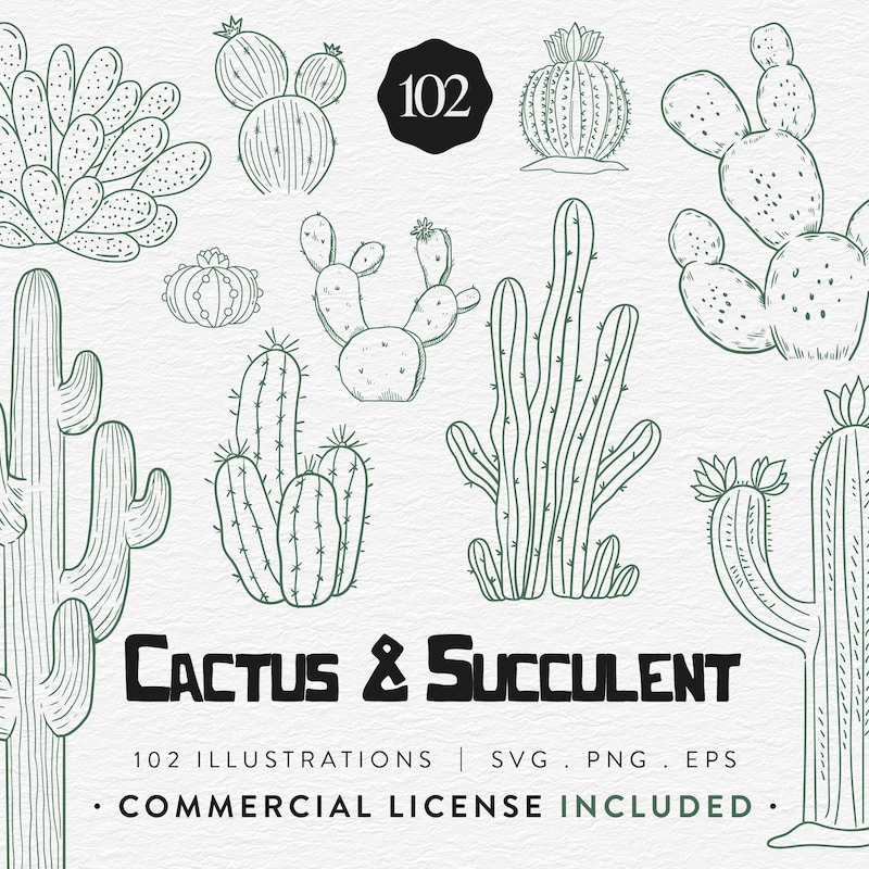 Cactus Clipart Black and White - Etsy