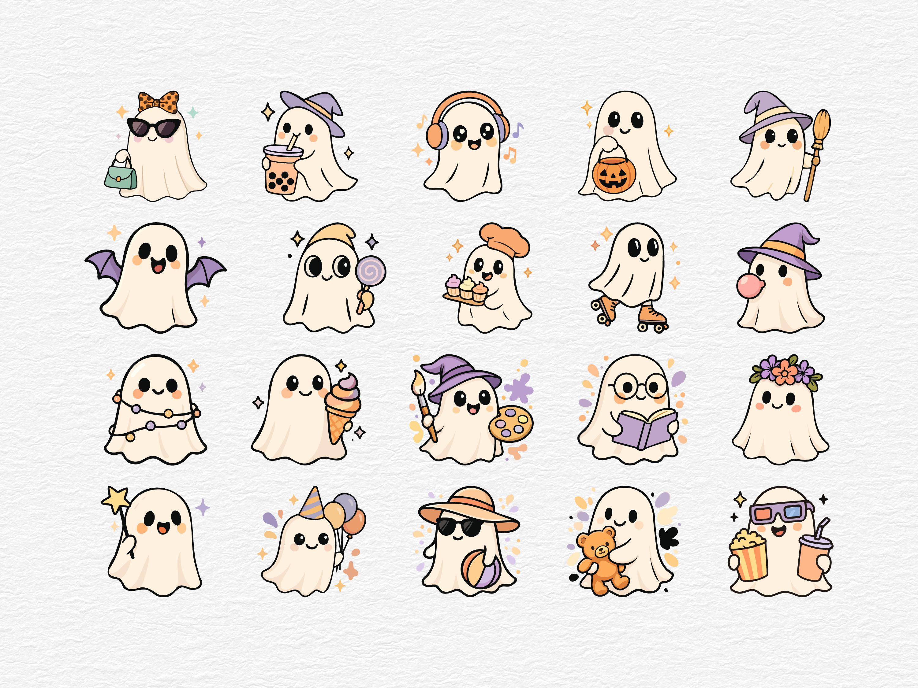 Cute Halloween Ghosts Clipart Bundle | Kawaii Halloween Designs ...