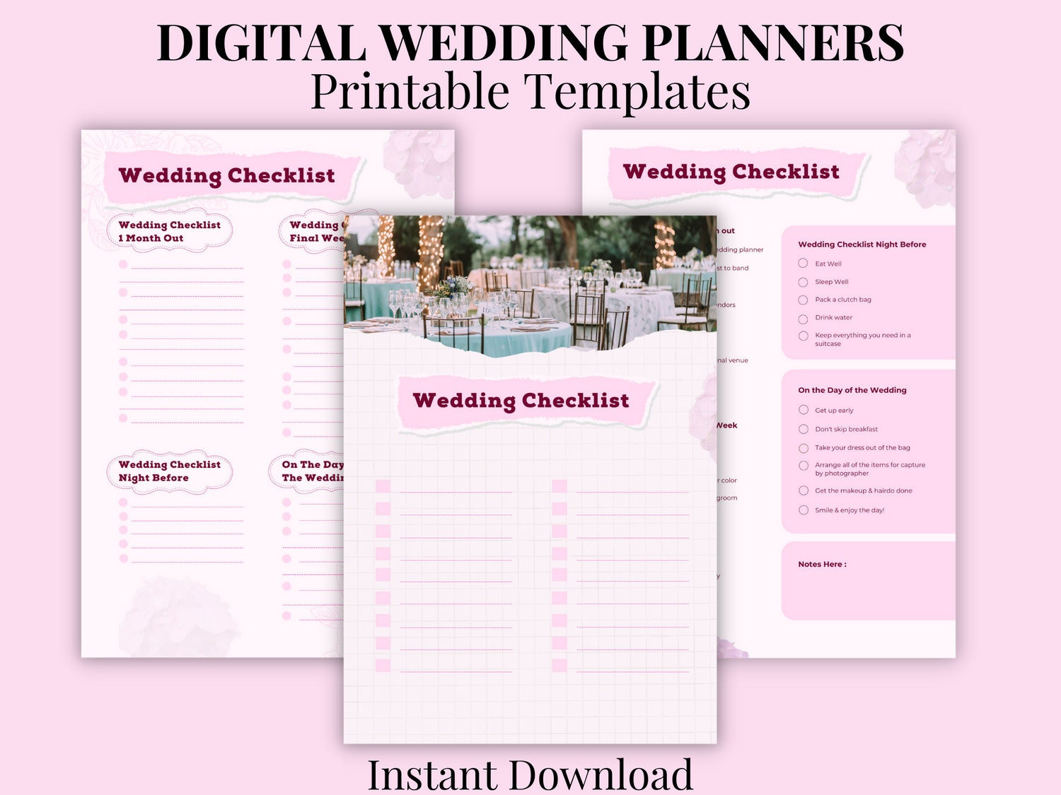 Digital Wedding Checklist Planner, Printable Pink Floral Wedding Binder ...