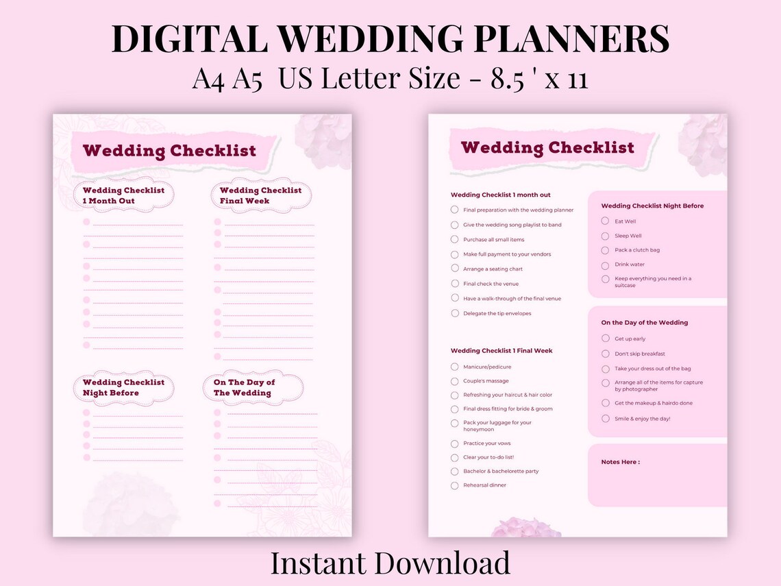 Digital Wedding Checklist Planner, Printable Pink Floral Wedding Binder ...