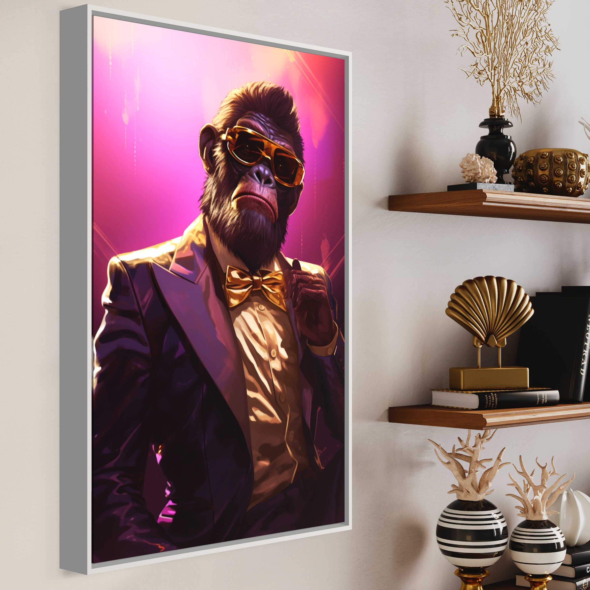 Retro Synthwave Monkey Wall Art Monkey in Suit Canvas Art Pink Retro ...