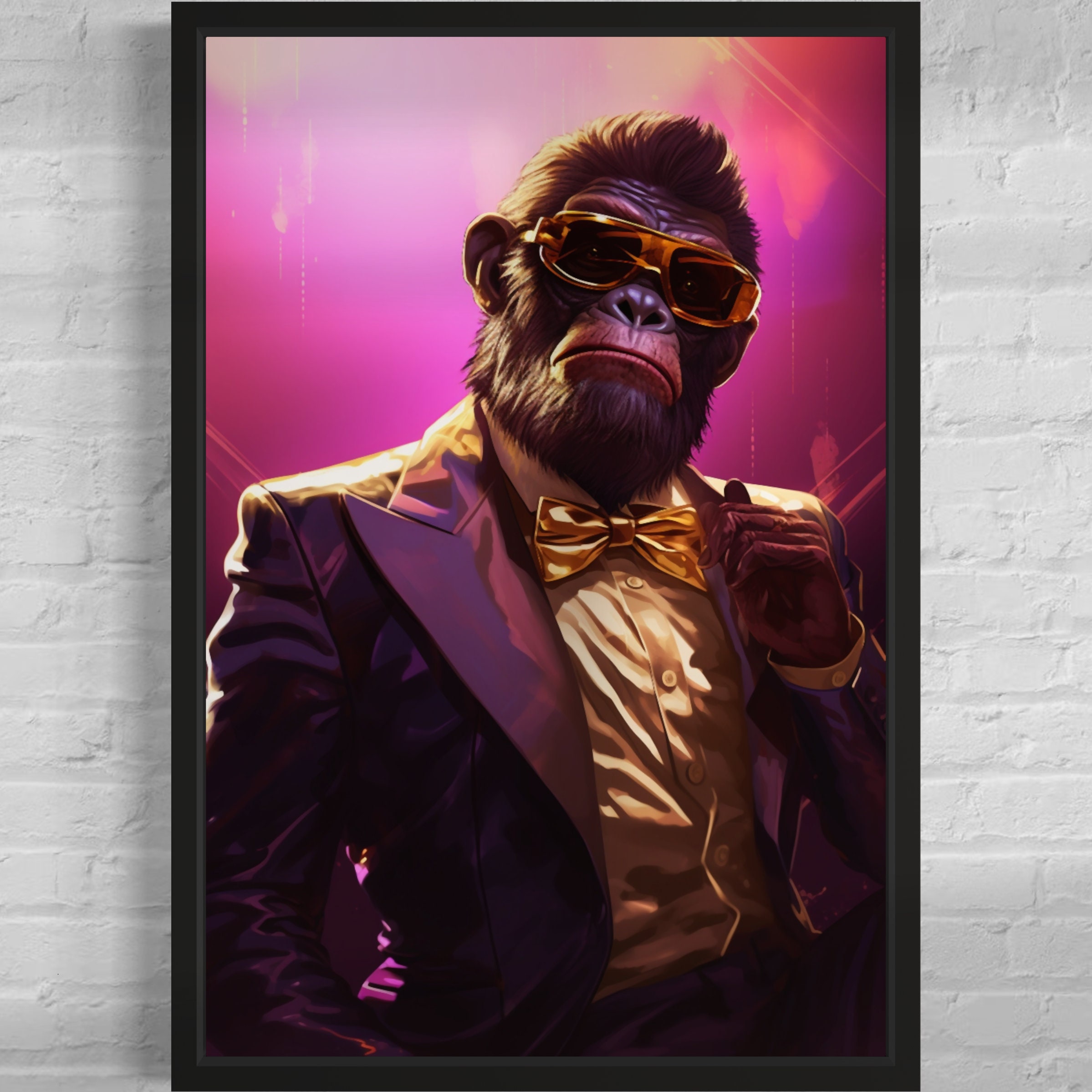 Retro Synthwave Monkey Wall Art Monkey in Suit Canvas Art Pink Retro ...