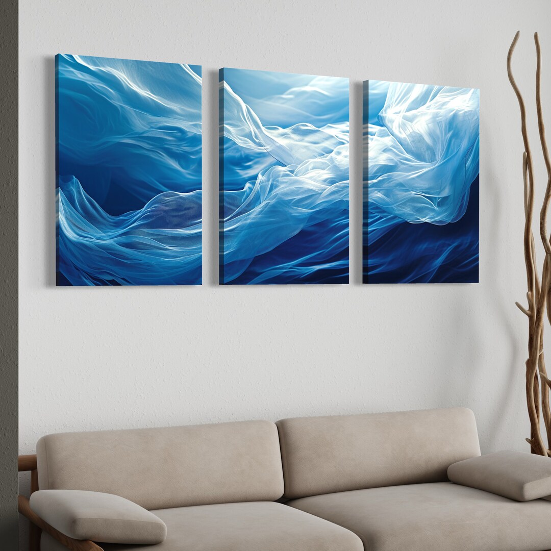 Blue Abstract Fabric Art Triptych: Calming Marble Wall Art - Etsy