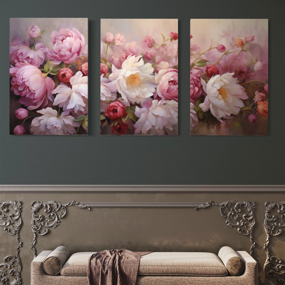 3 Piece Floral Canvas Wall Art of Peonies and Roses - Etsy