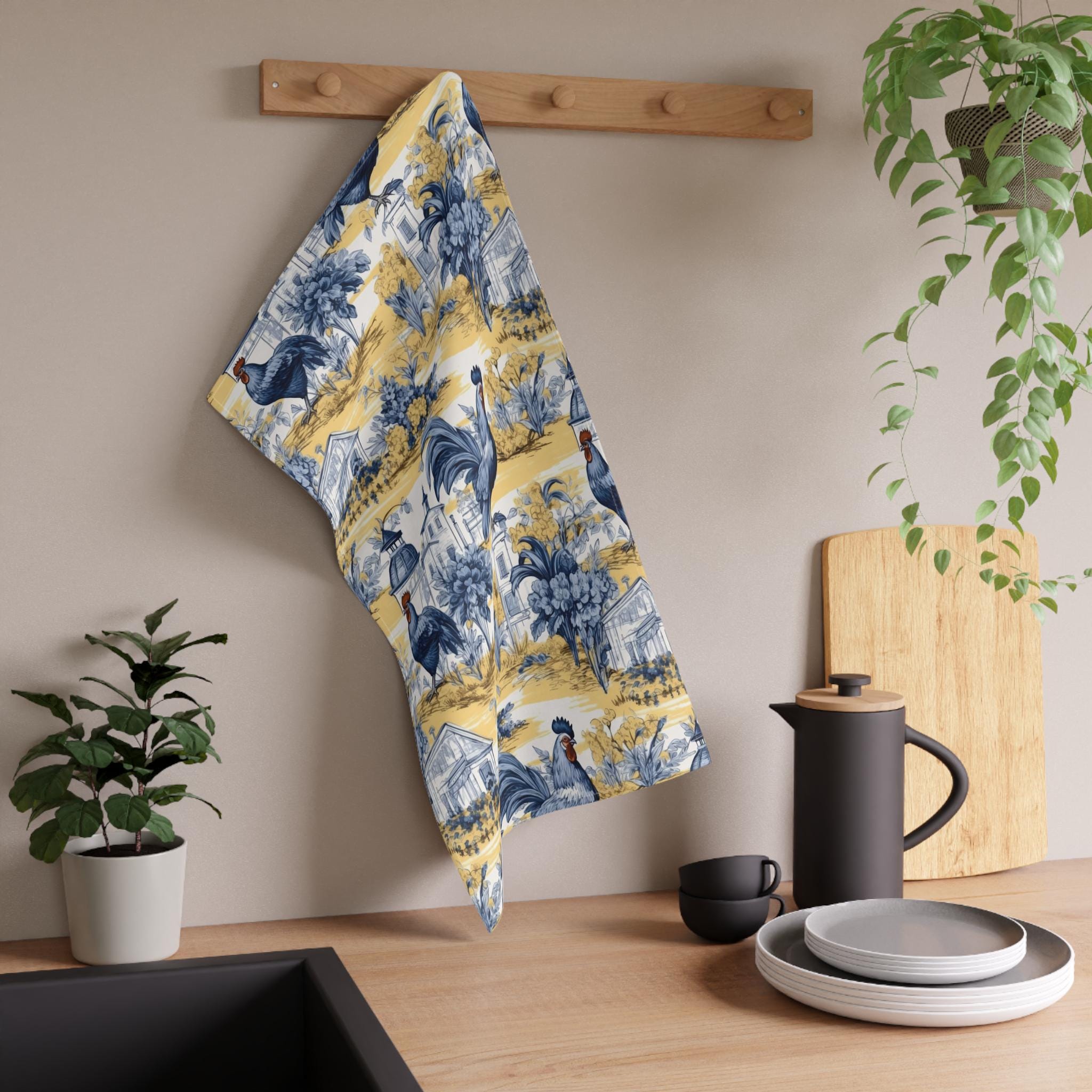 French Country Kitchen Towel Rooster Pattern Farmhouse Decor Blue ...