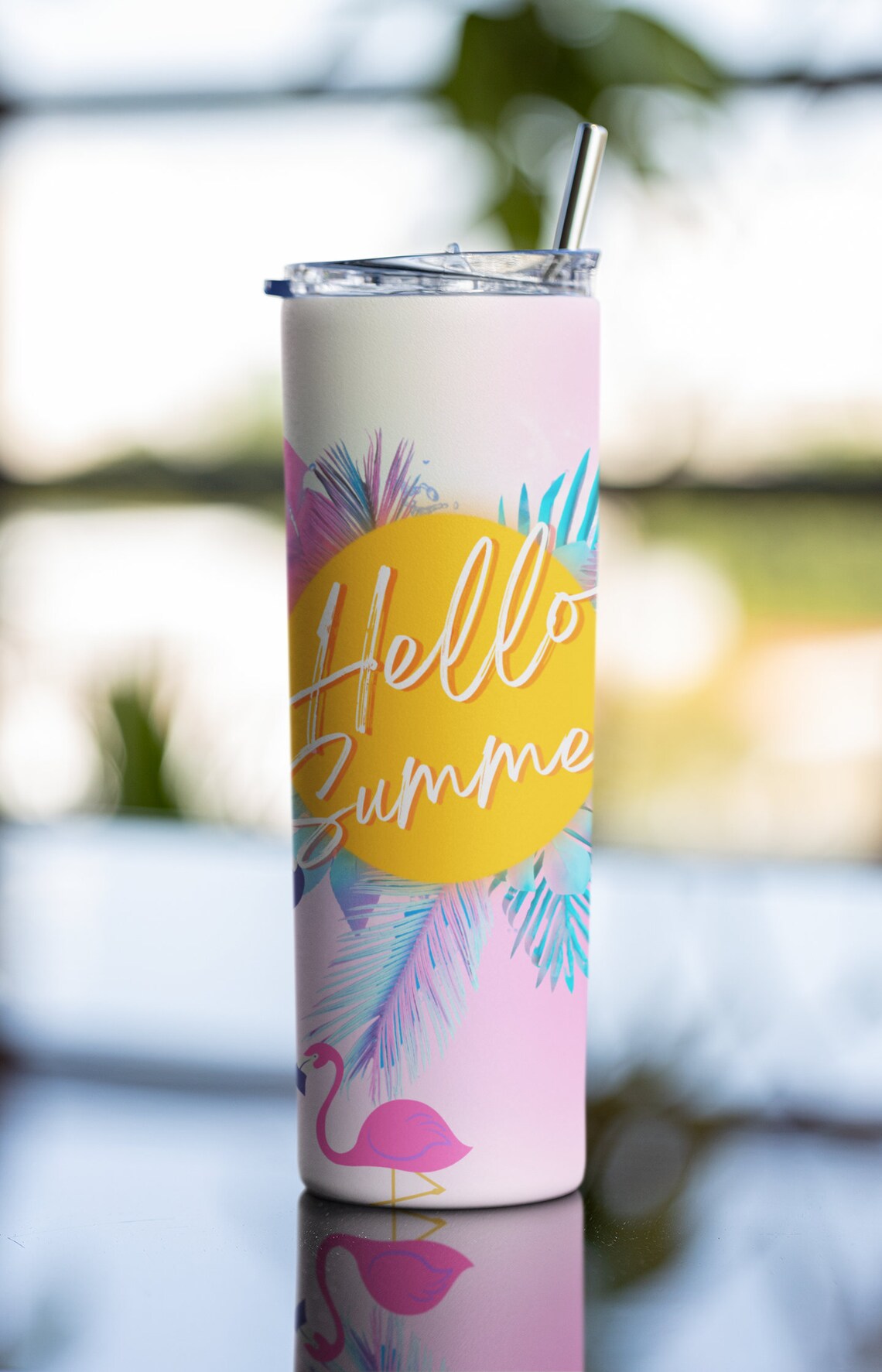 Hello Summer Flamingo, Skinny Tumbler With Straw, 20oz, Beach ...