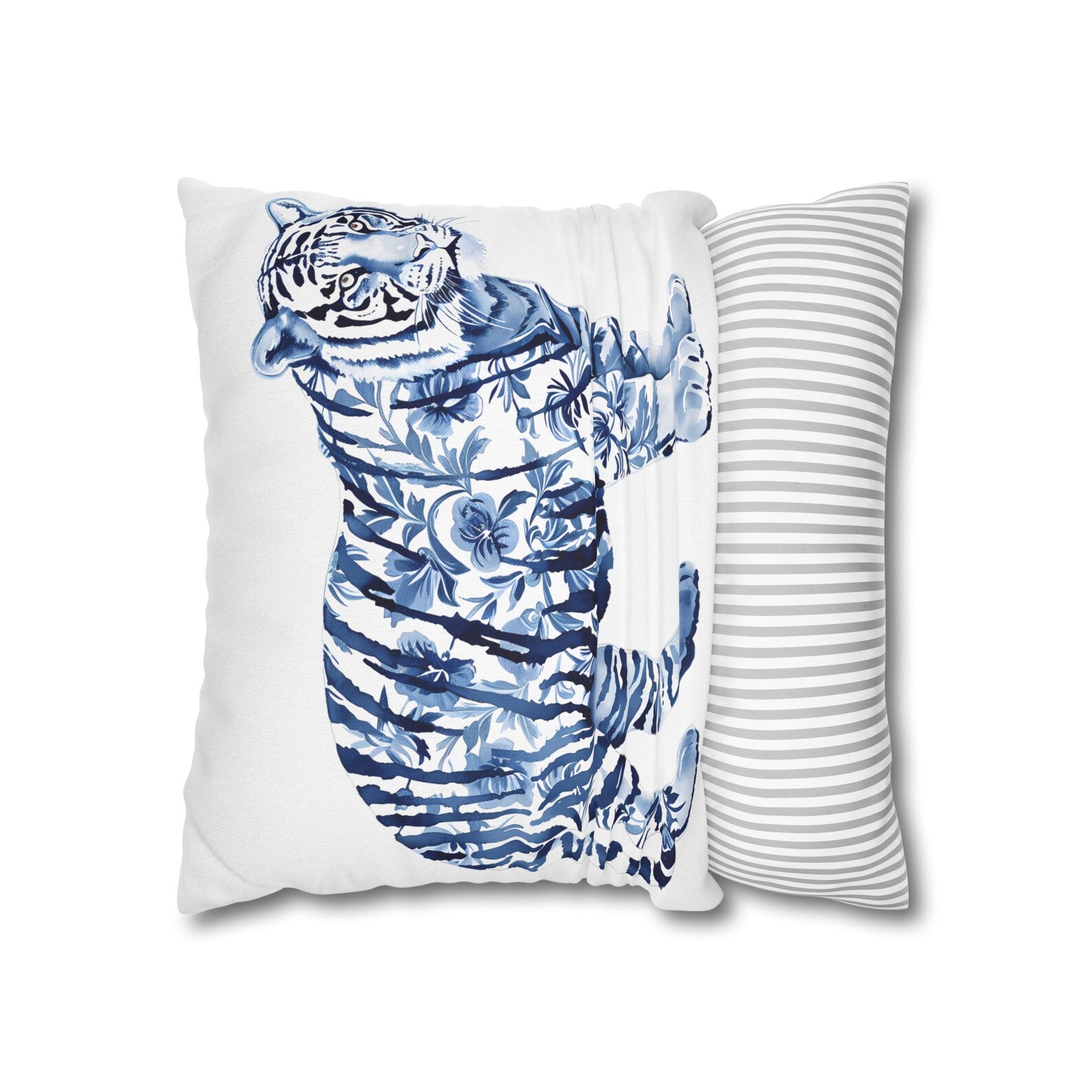Elegant Blue Tiger and Floral Toile Throw Pillow Cover, Blue Square ...