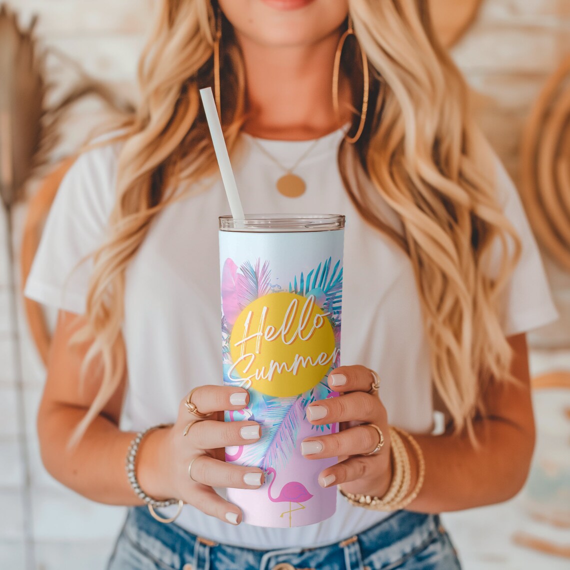 Hello Summer Flamingo, Skinny Tumbler With Straw, 20oz, Beach ...
