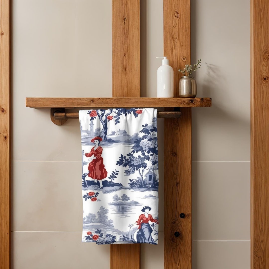 French Toile Hand Towel Blue and Red Toile Hand Towels Kitchen Hand ...