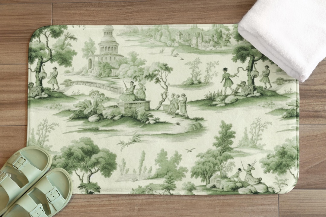 Green French Toile Bath Mat Classic Toile Design Bathroom Mat Water ...