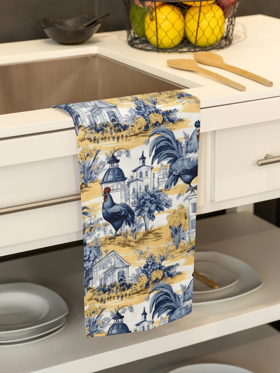 French Country Kitchen Towel Rooster Pattern Farmhouse Decor Blue ...