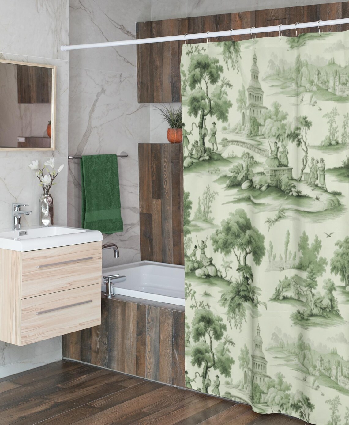 Green French Toile Shower Curtains Farm House Bath Classic Shower ...