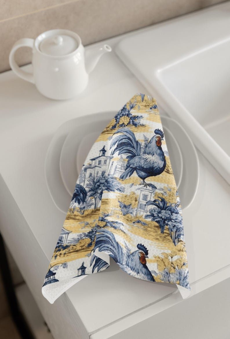 French Country Kitchen Towel Rooster Pattern Farmhouse Decor Blue ...
