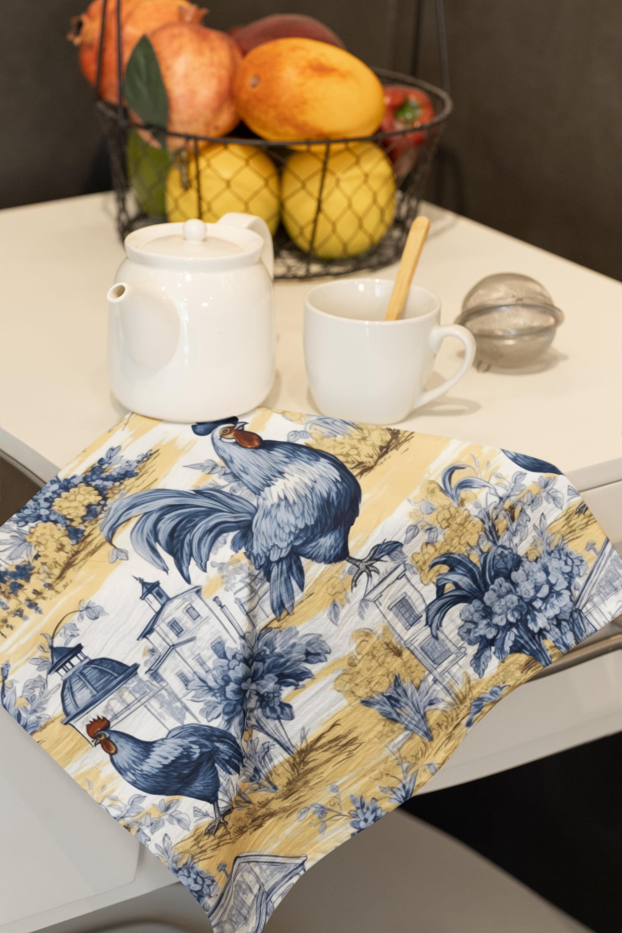 French Country Kitchen Towel Rooster Pattern Farmhouse Decor Blue ...