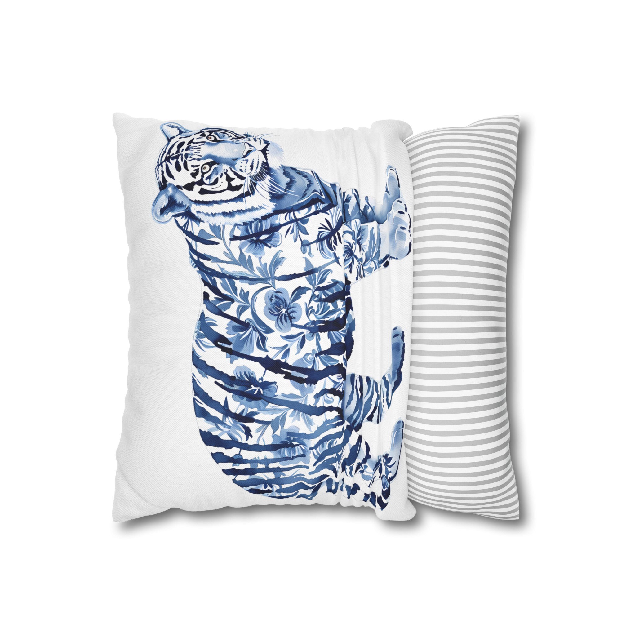 Elegant Blue Tiger and Floral Toile Throw Pillow Cover, Blue Square ...