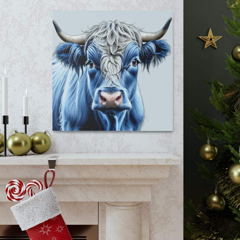 Highland Cow on Canvas Blue Scottish Highland Cow Wall Art Longhair Cow ...