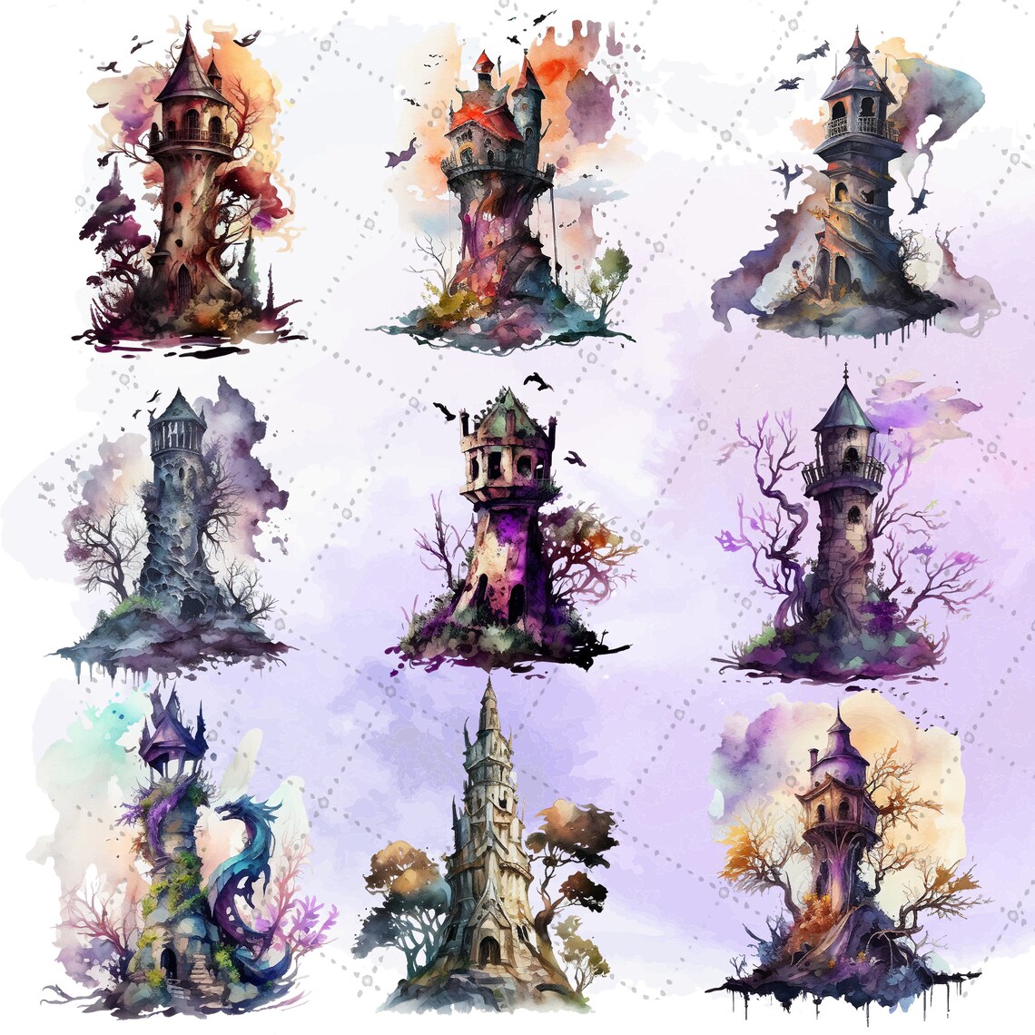 21 Watercolor Fantasy Tower Clipart, Clipart, Occult Clipart, Witch Png ...