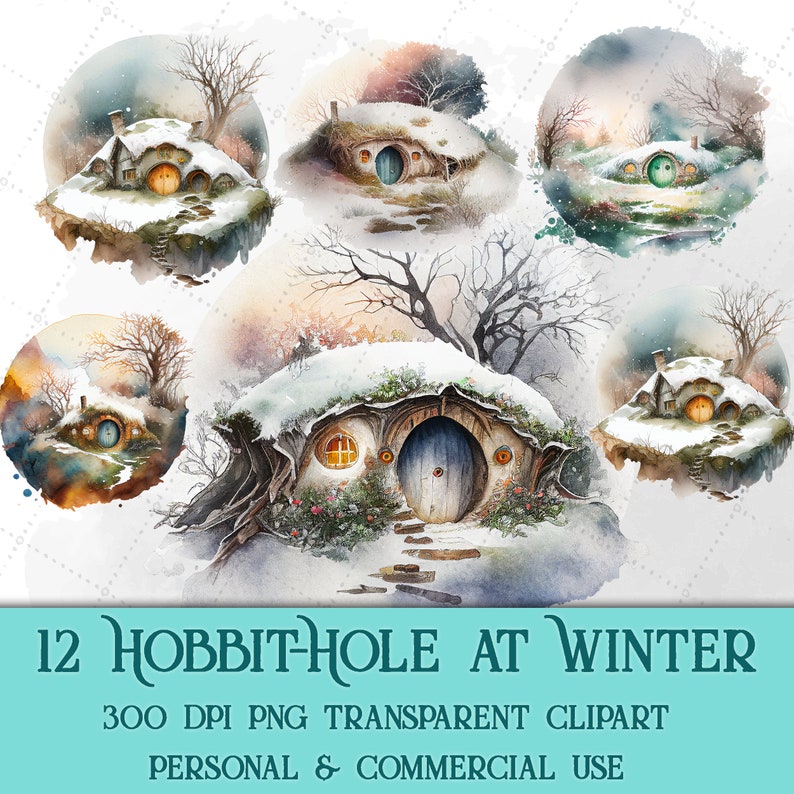 12 Watercolor Hobbit-hole at Winter , Tolkien, Clipart, Commercial Use ...