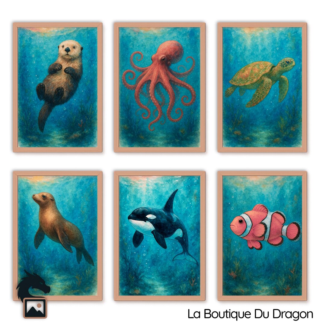 6 Watercolor Marine Animals Posters – Otter, Sea Lion, Octopus ...