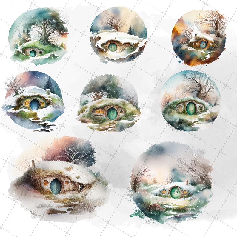 12 Watercolor Hobbit-hole at Winter , Tolkien, Clipart, Commercial Use ...