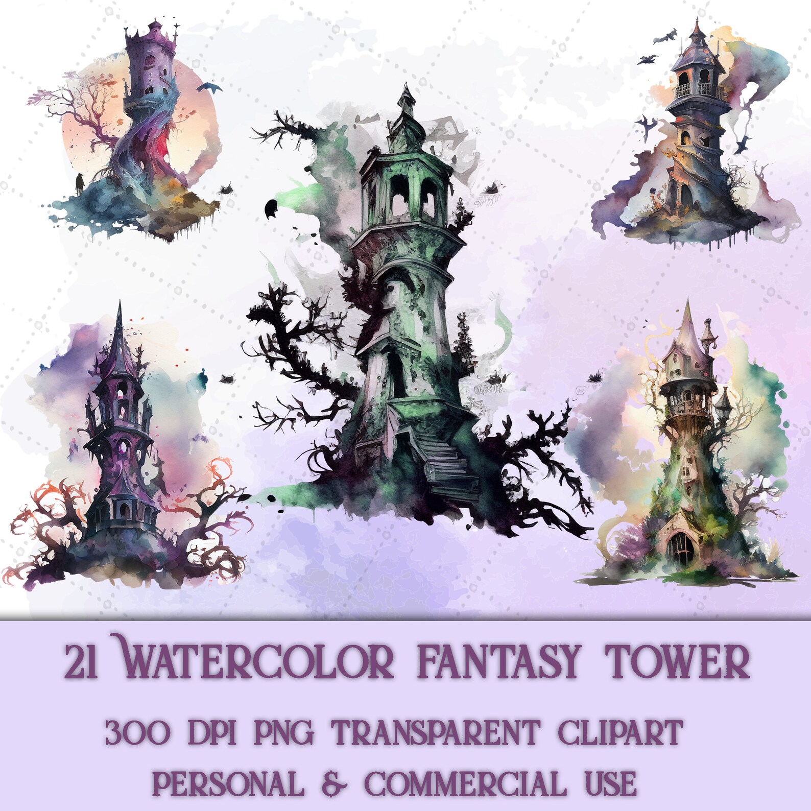 21 Watercolor Fantasy Tower Clipart, Clipart, Occult Clipart, Witch Png ...