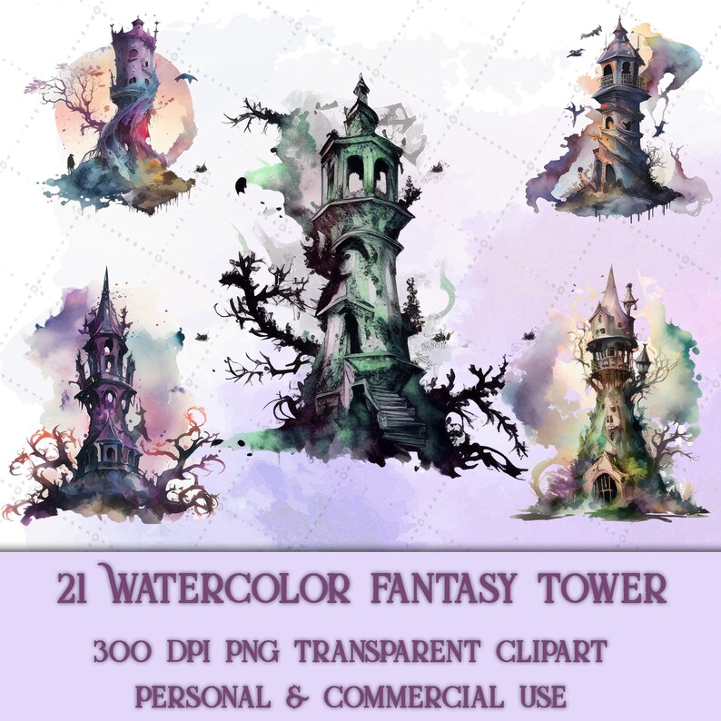 21 Watercolor Fantasy Tower Clipart, Clipart, Occulte Clipart, Witch ...