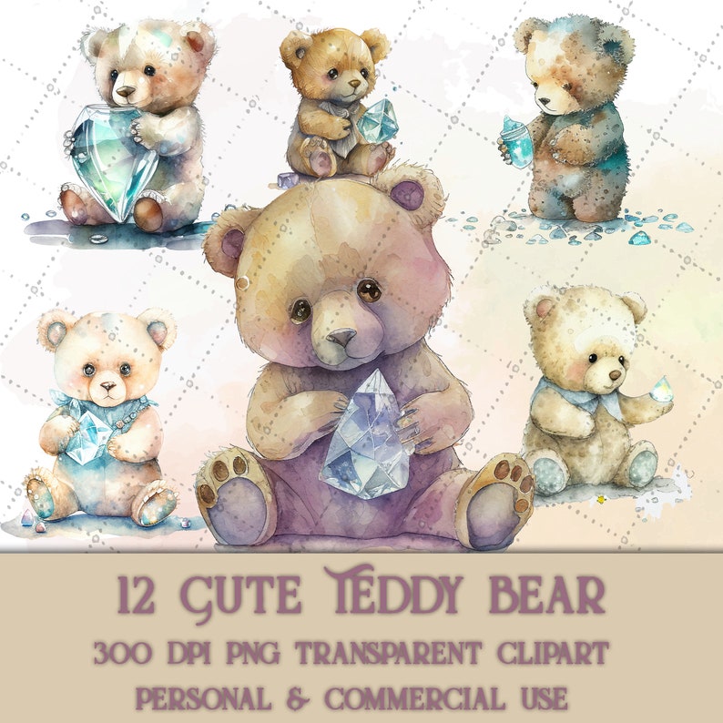 12 Watercolor Vintage Teddy Bear Clipart - 12 High Quality Jpgs ...