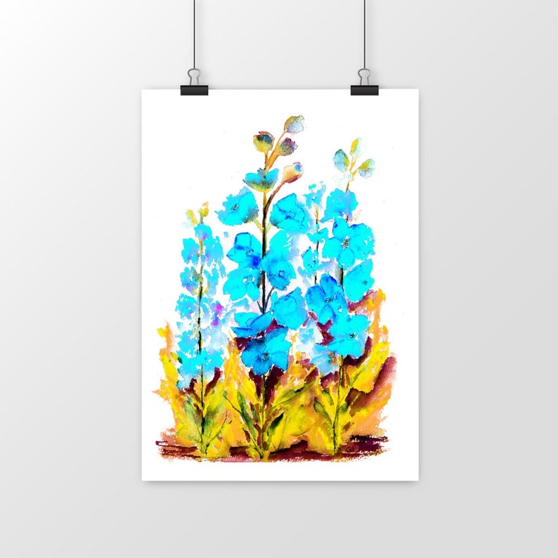 Watercolor Poster Delphiniums Turquoise Variation - Etsy