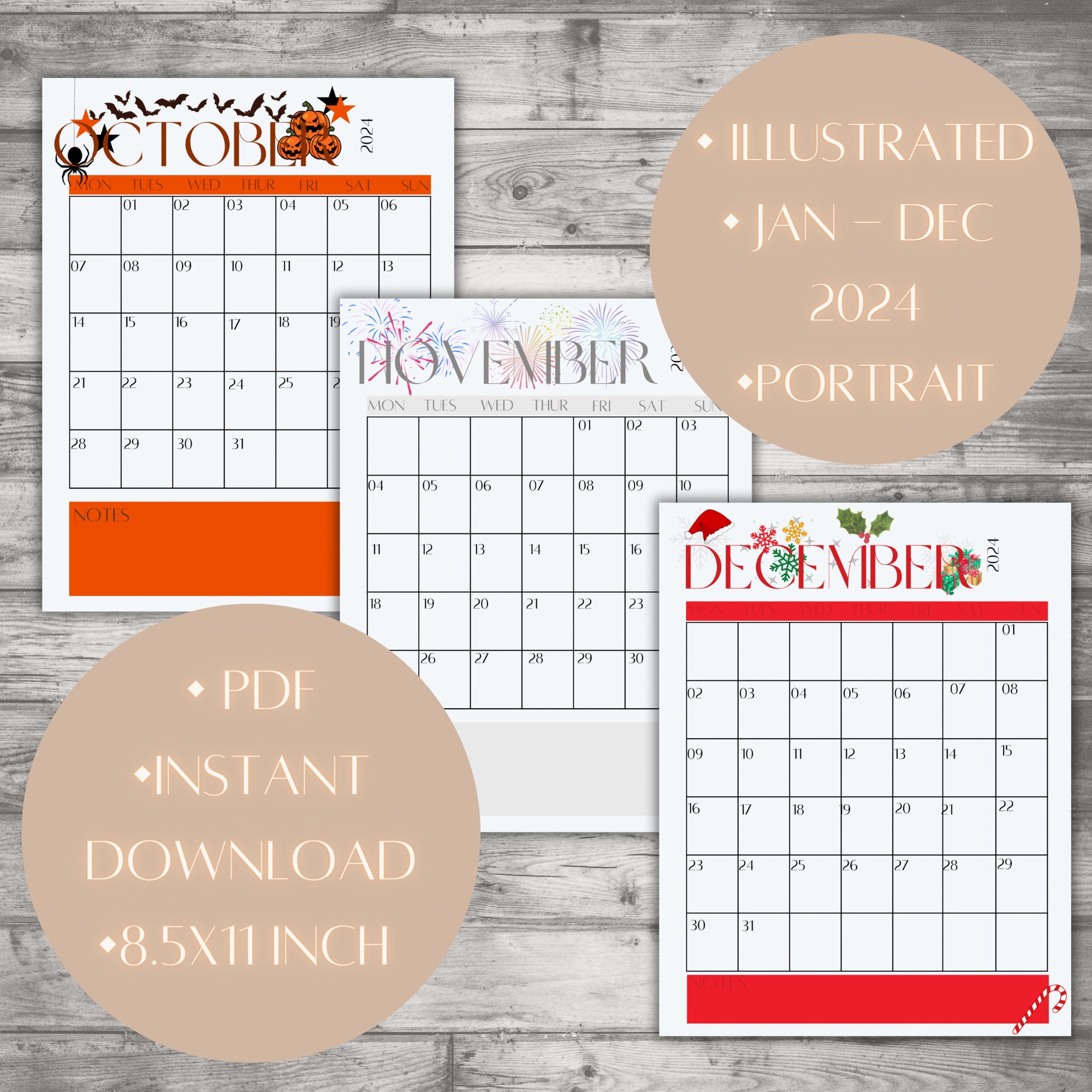 Themed 2024 Calendar Instant Digital Print Customisable Template ...