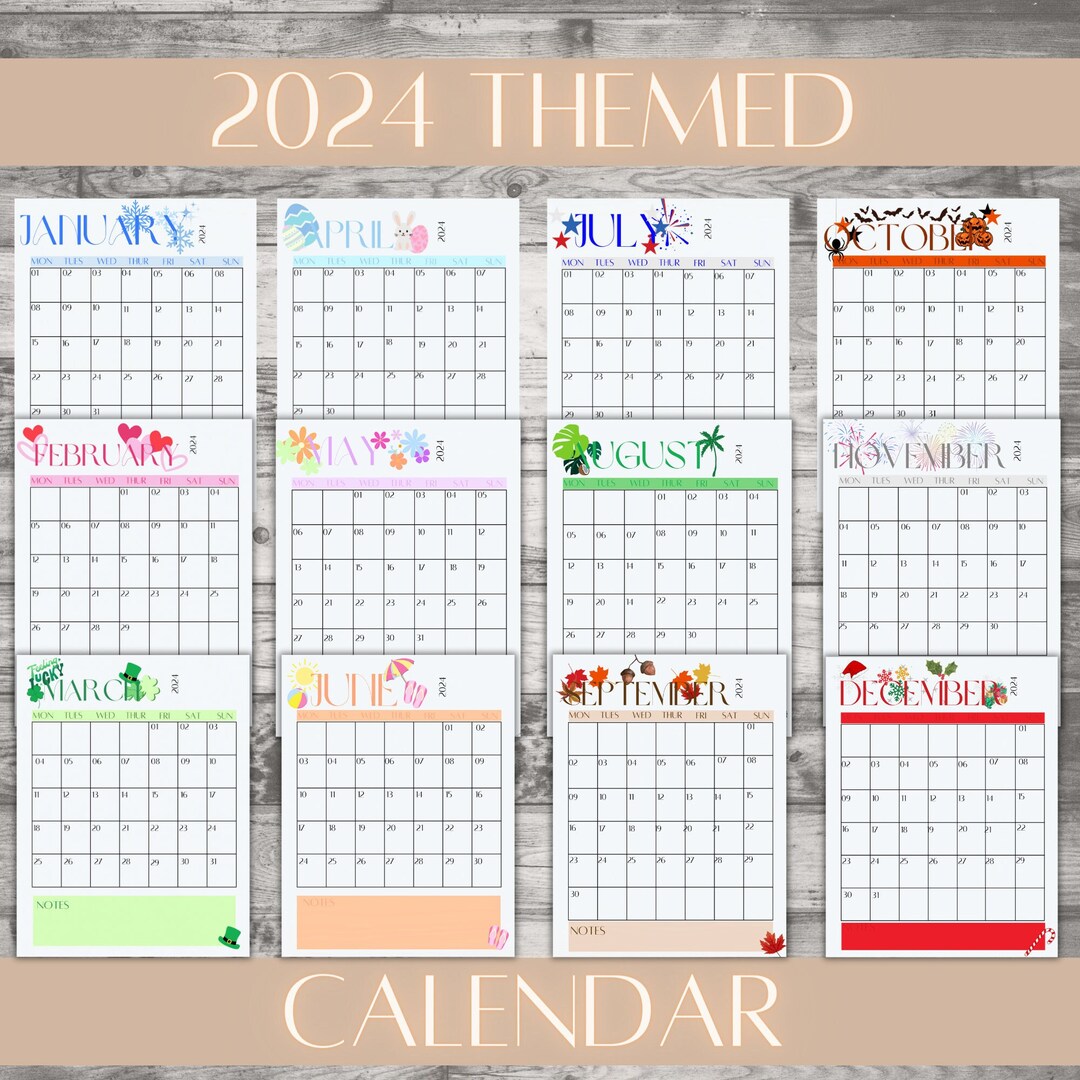 Themed 2024 Calendar Instant Digital Print Customisable Template ...