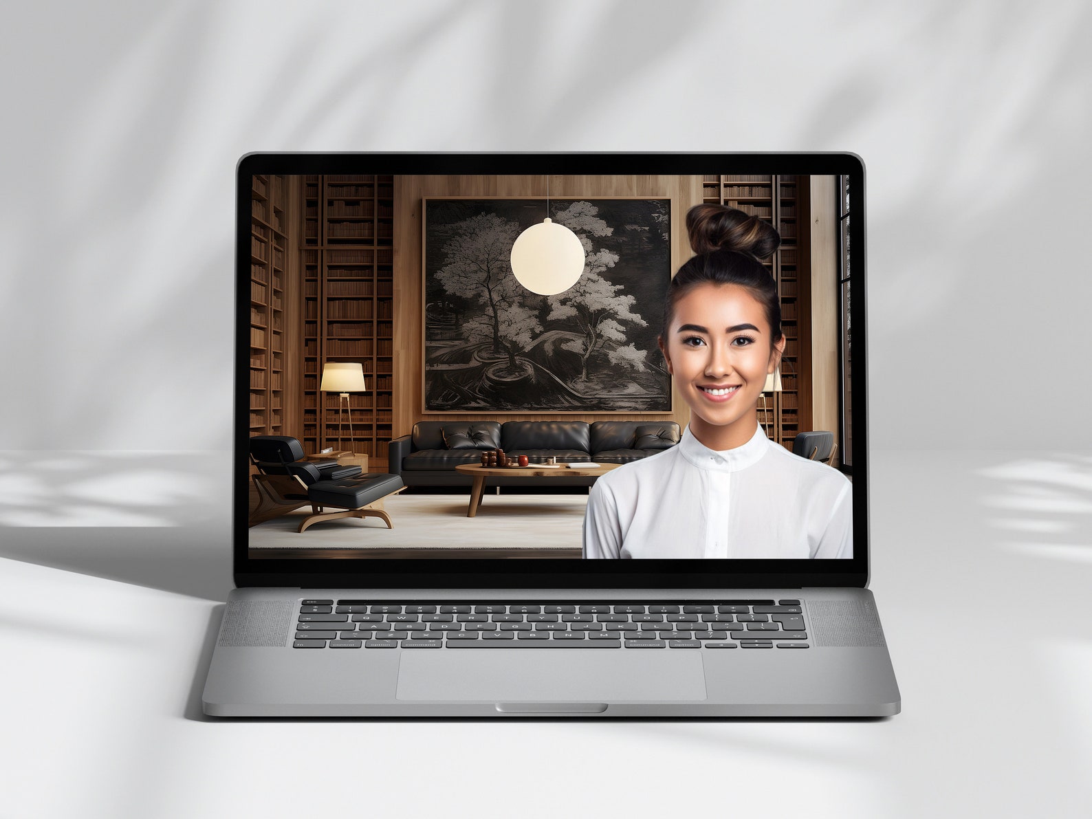 Winter Serenity Zoom Background With Leather Sofa Library, Zoom Virtual ...