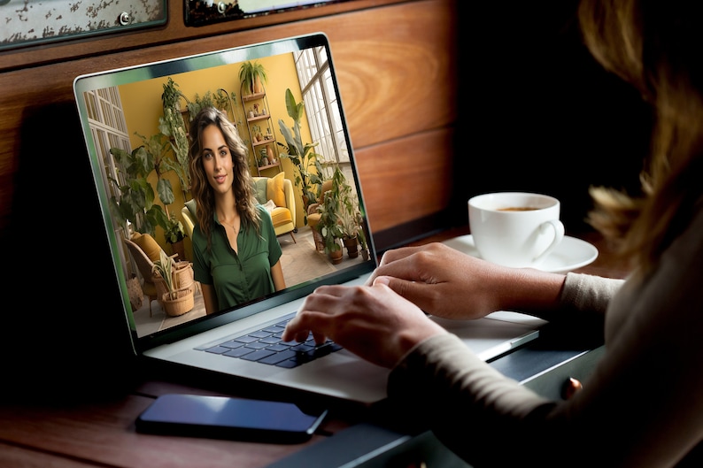 Cozy Boho Living Room Virtual Background: Sage Green & Soft Yellow ...