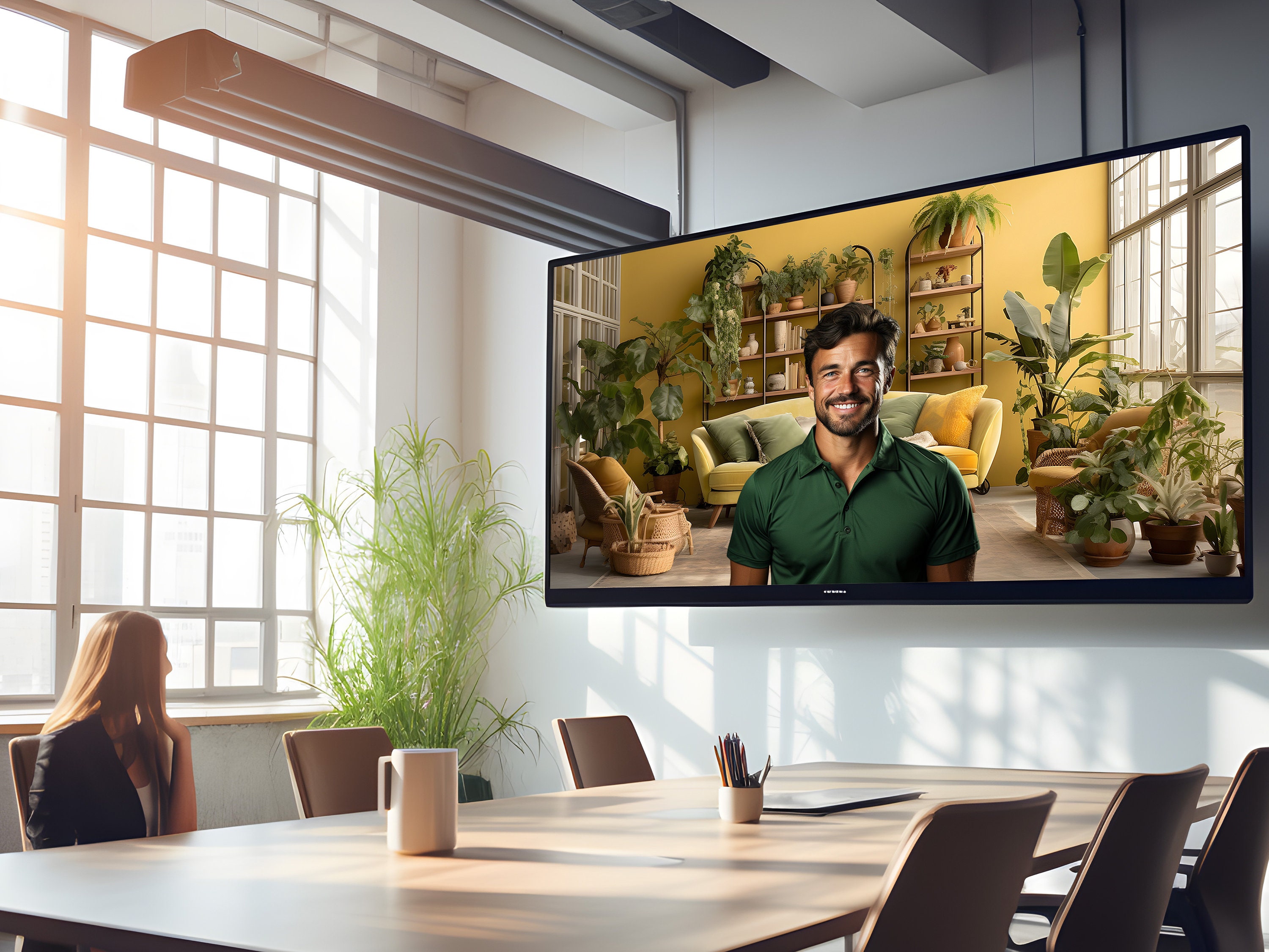 Cozy Boho Living Room Virtual Background: Sage Green & Soft Yellow ...