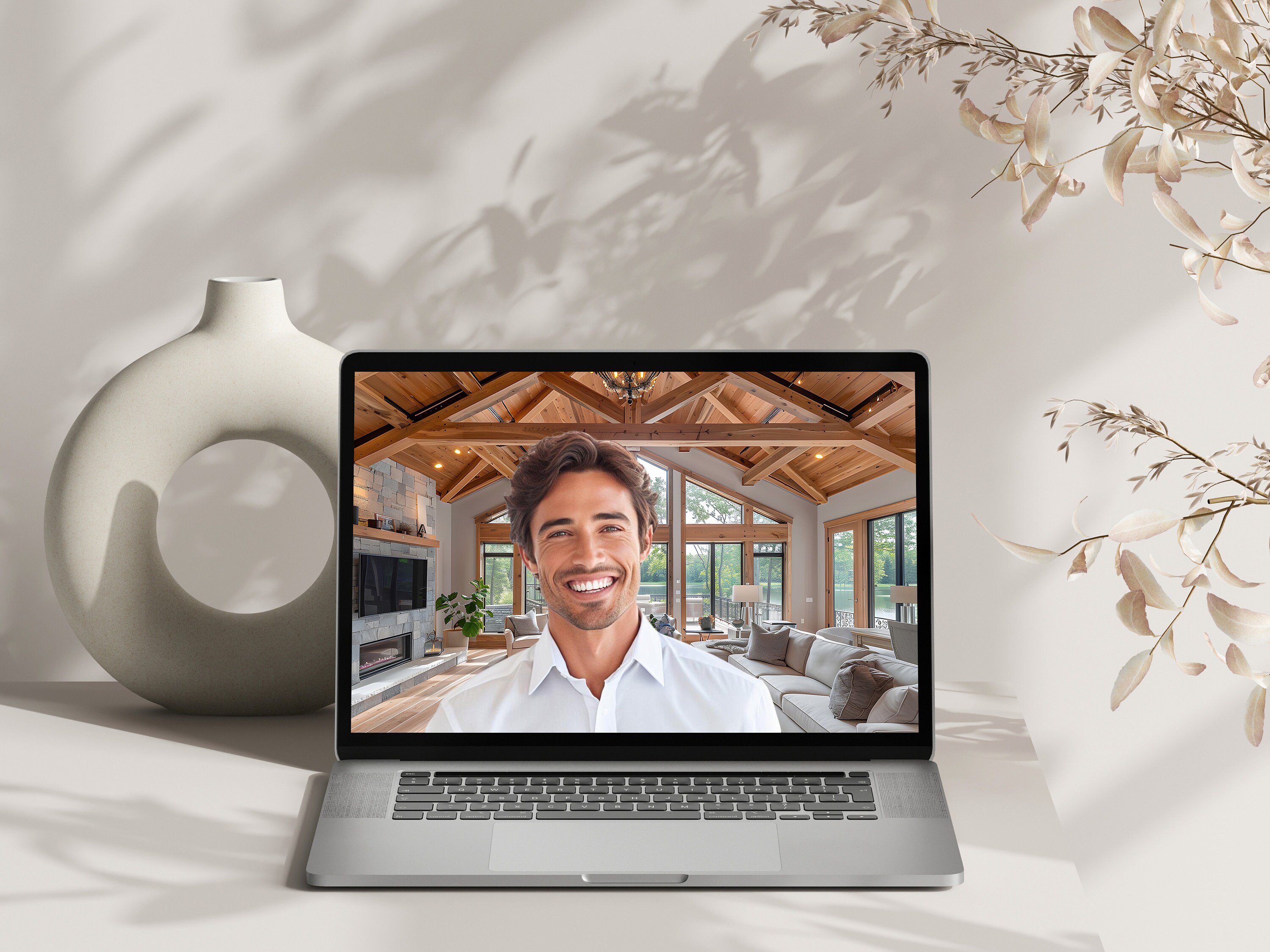 Zoom Background, Rustic Timber Truss Living Room Background, Cozy ...