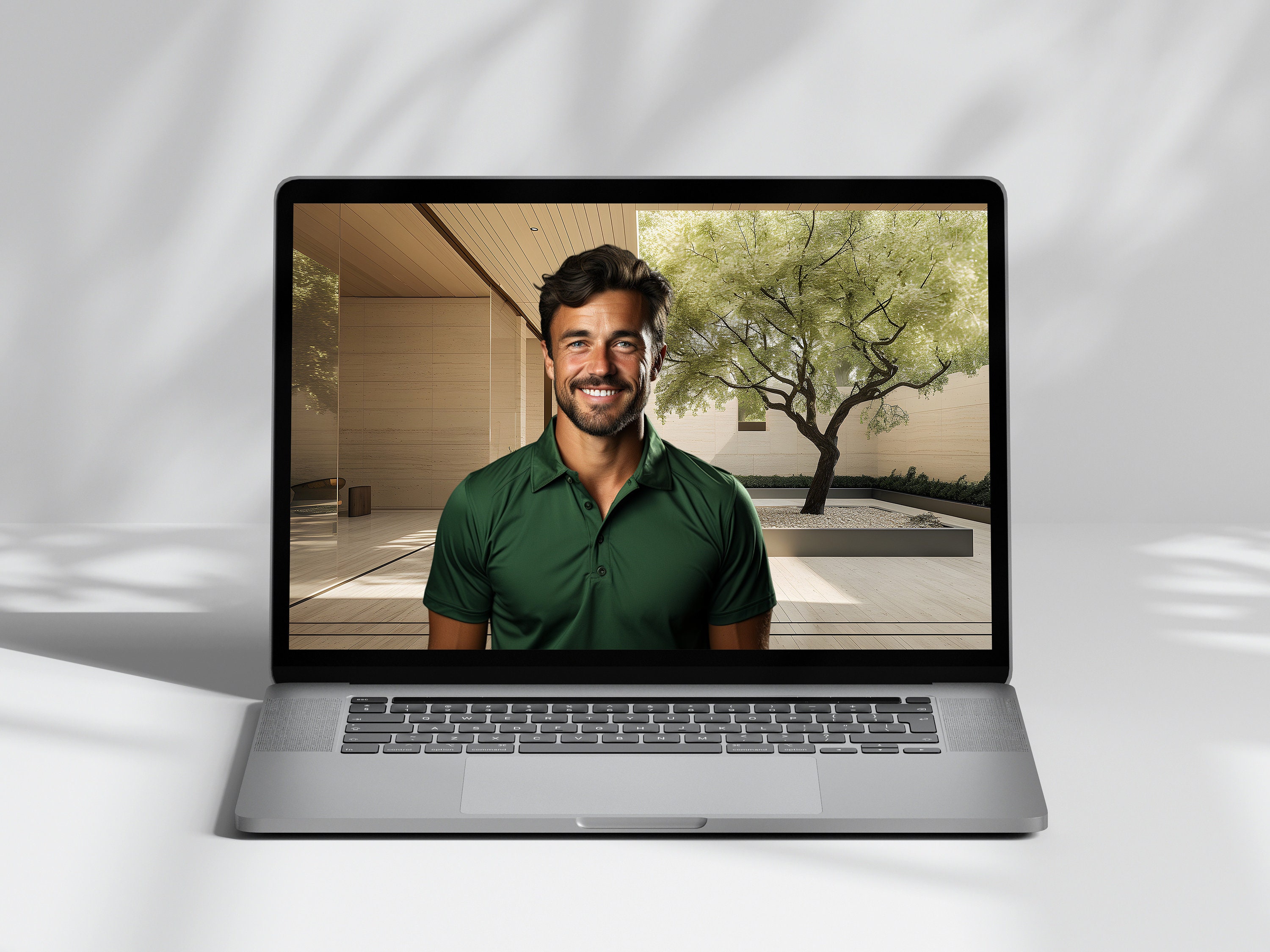 Zoom Background, Center Tree Zoom Background, Beige Travertine Yard ...