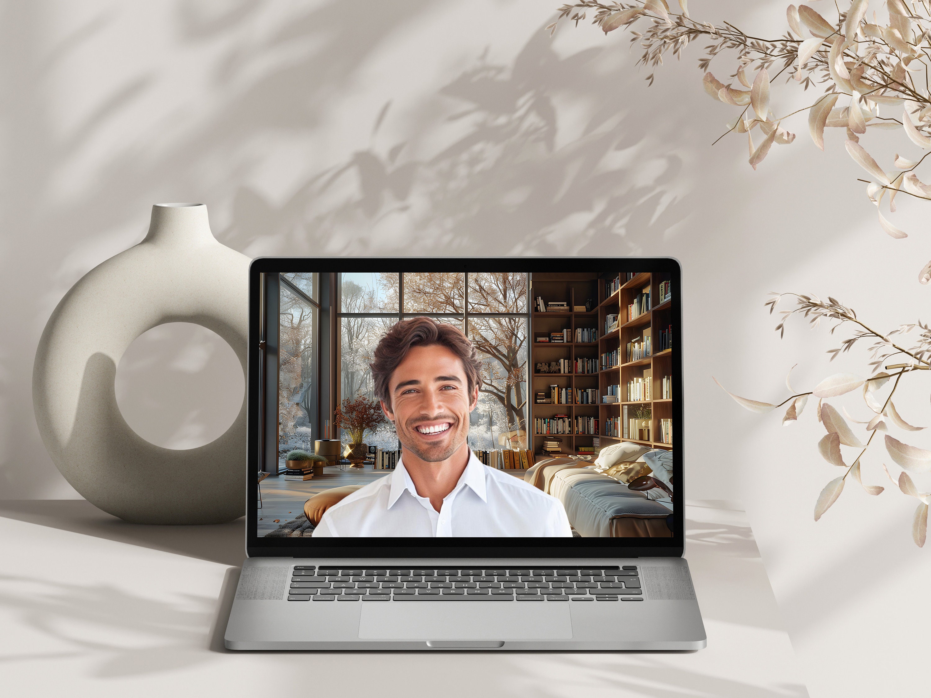 Sunlit Winter Home Library Virtual Background Elegant & Cozy Workspace ...