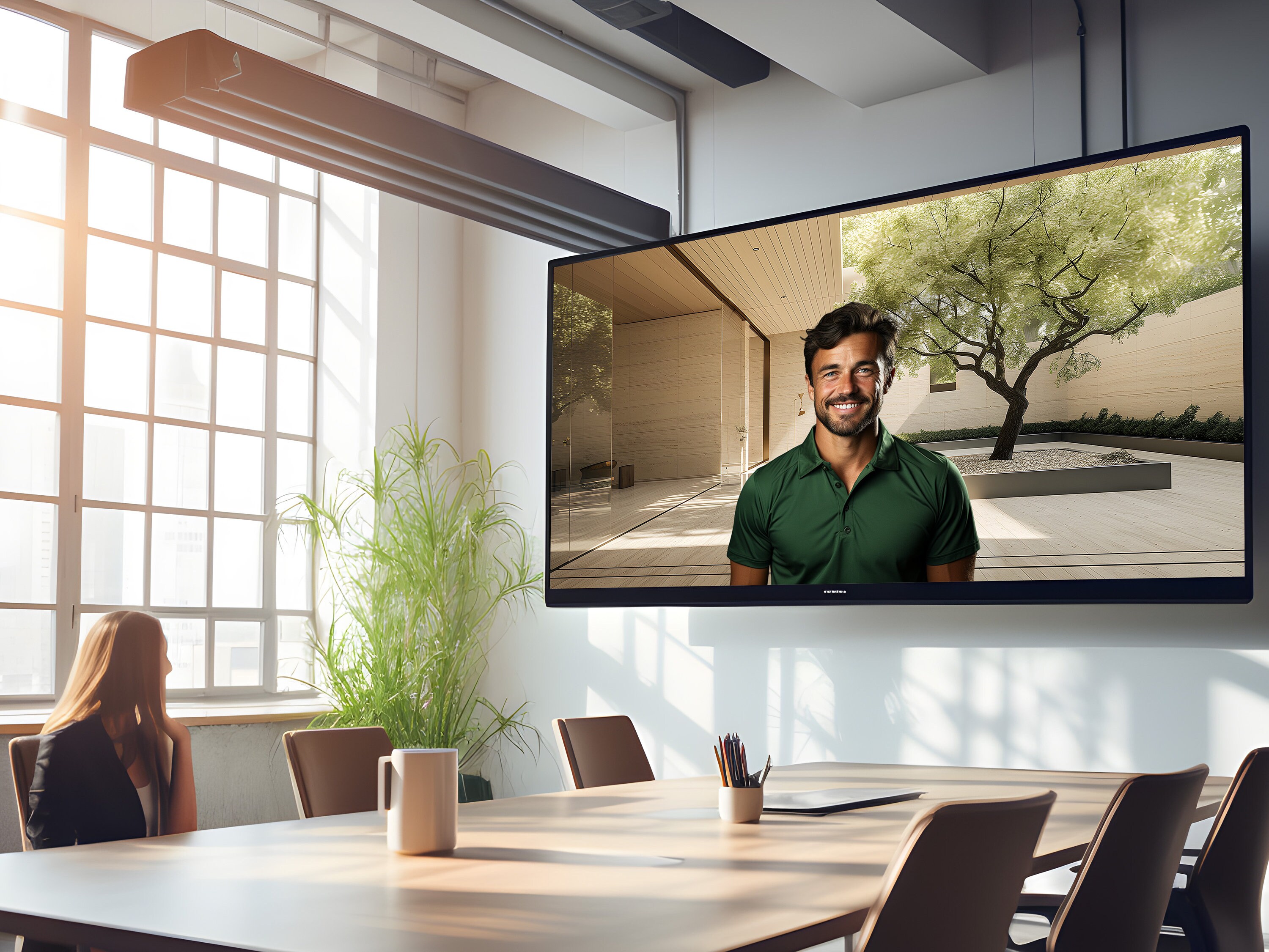 Zoom Background, Center Tree Zoom Background, Beige Travertine Yard ...