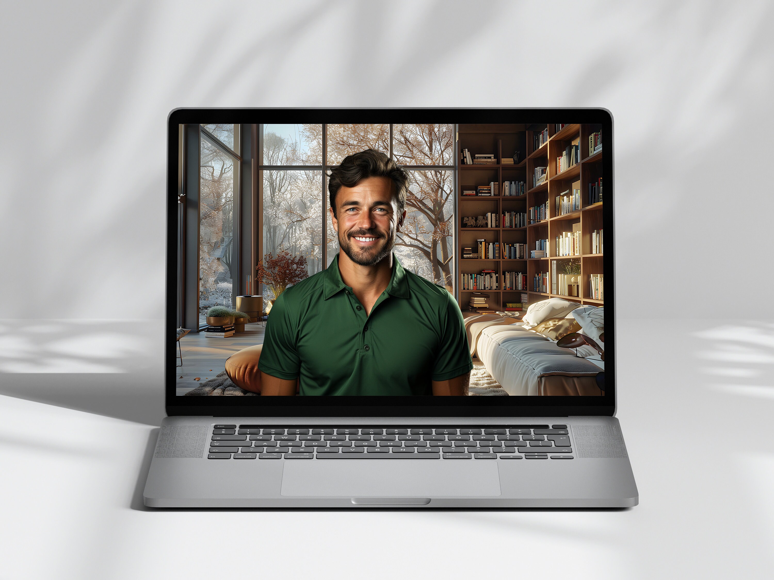 Sunlit Winter Home Library Virtual Background Elegant & Cozy Workspace ...