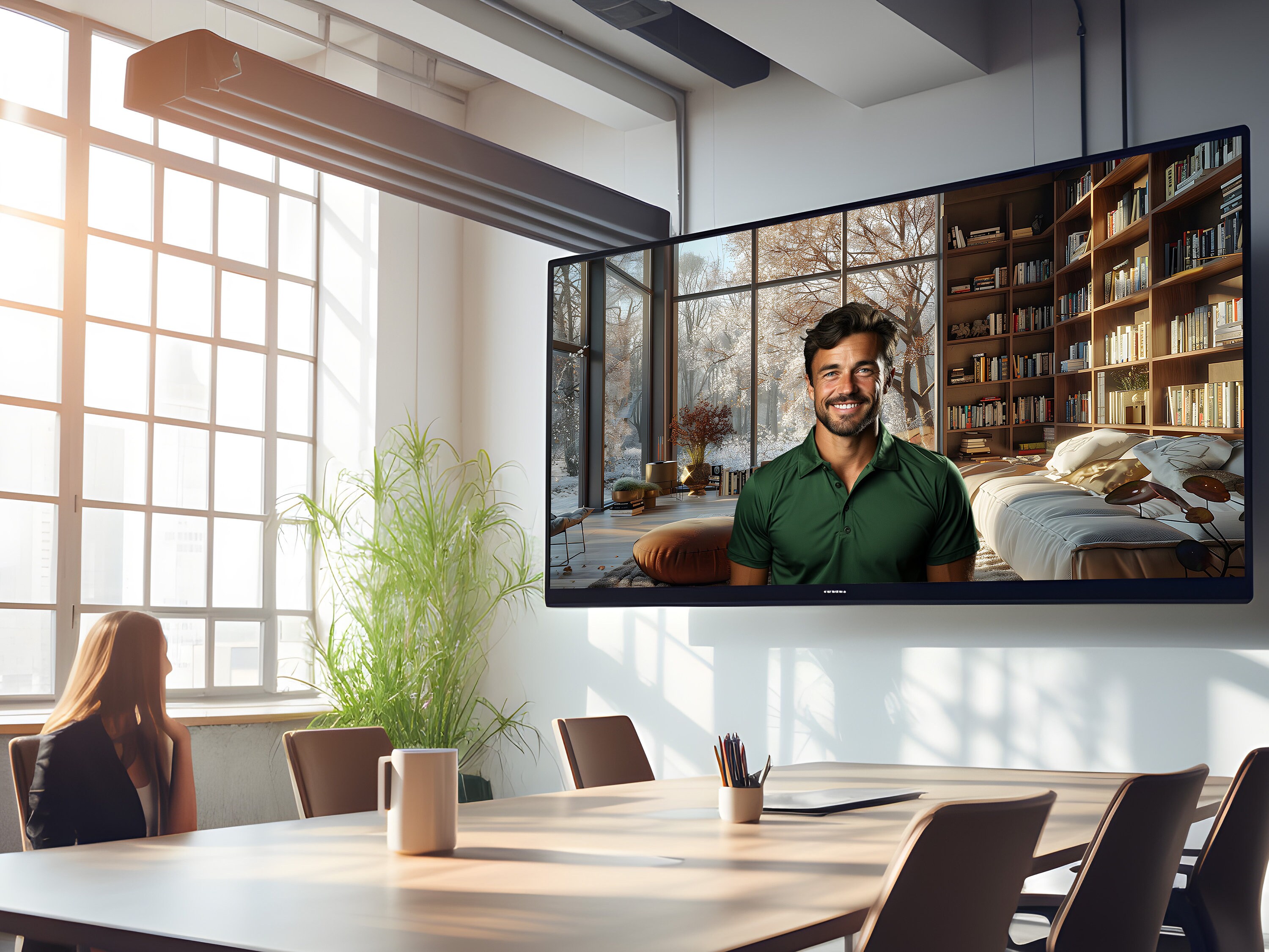 Sunlit Winter Home Library Virtual Background Elegant & Cozy Workspace ...