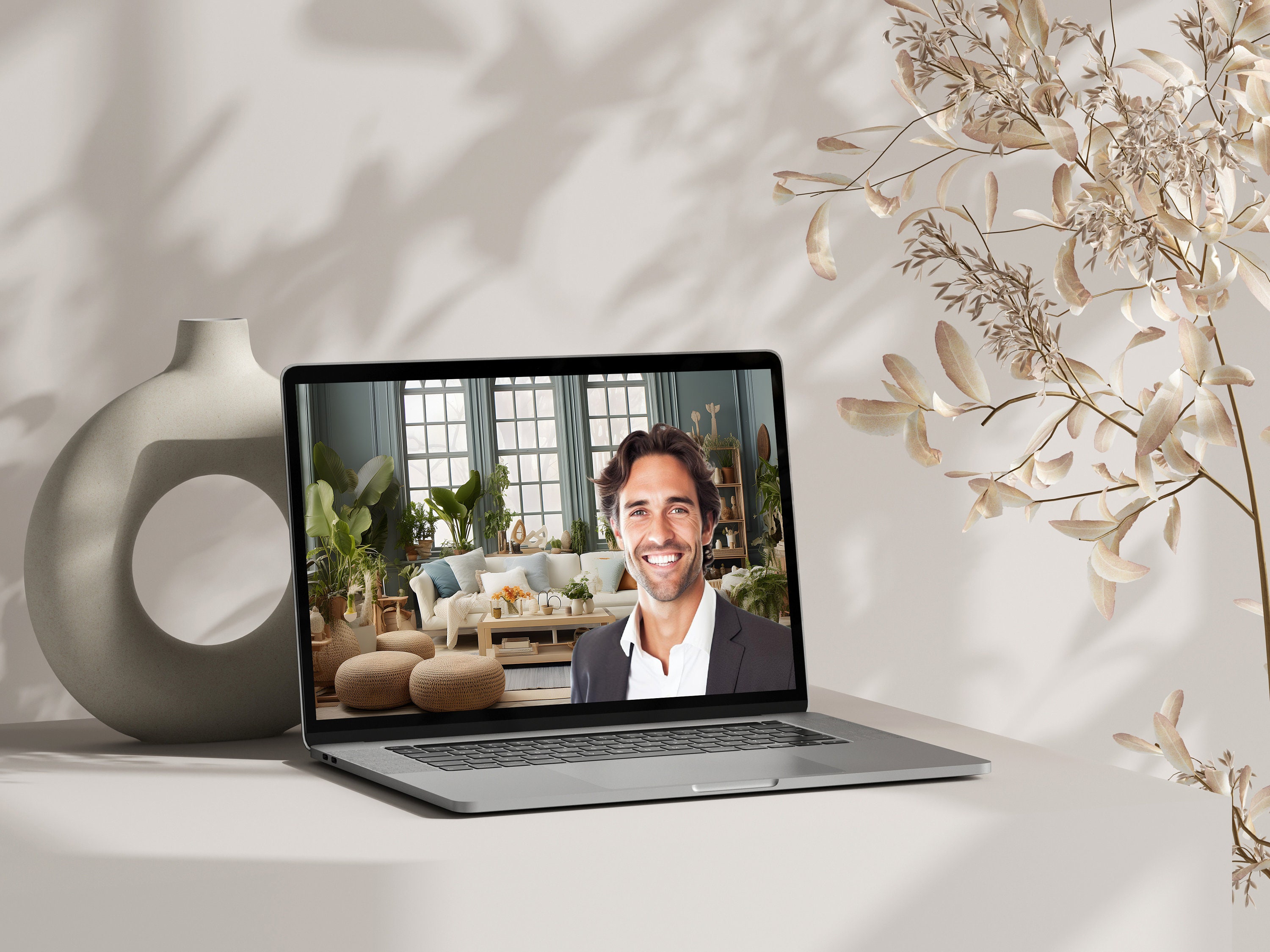 Cozy Boho Living Room Zoom Background: Taupe Blue & Beige Decor With ...