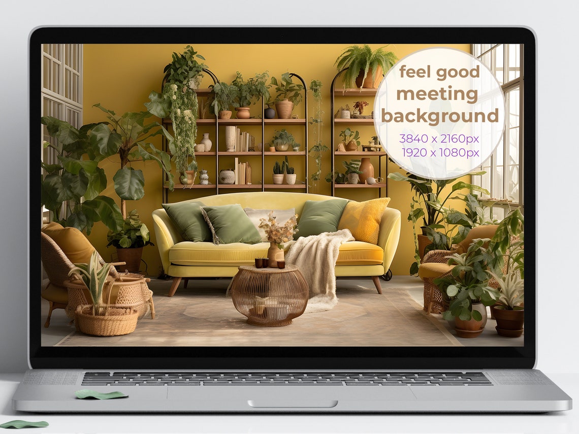 Cozy Boho Living Room Virtual Background: Sage Green & Soft Yellow ...