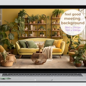 Cozy Boho Living Room Virtual Background: Sage Green & Soft Yellow ...