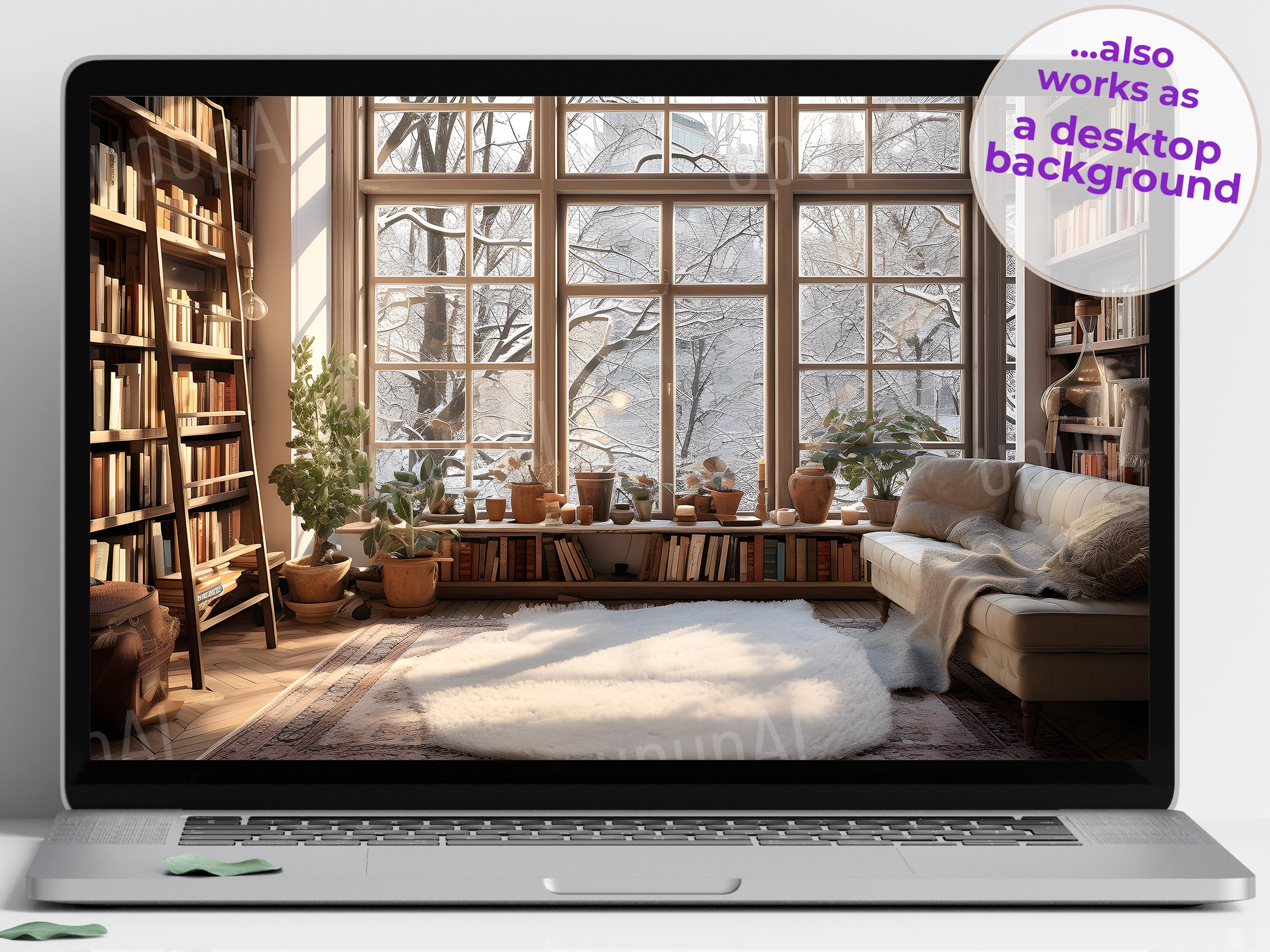 Winter Library Zoom Background: Cozy Bookshelves, Snowy Landscape (4K ...