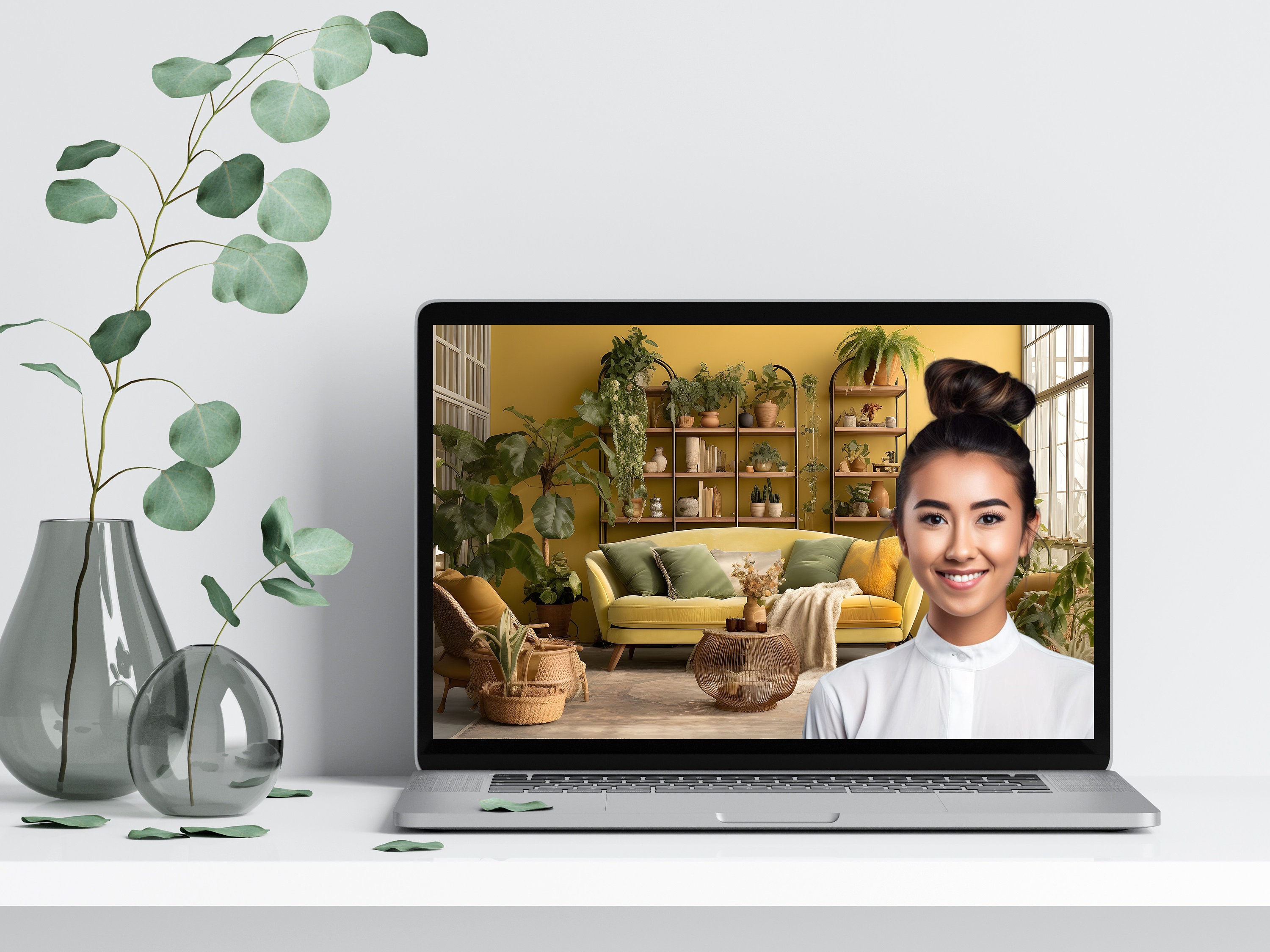 Cozy Boho Living Room Virtual Background: Sage Green & Soft Yellow ...