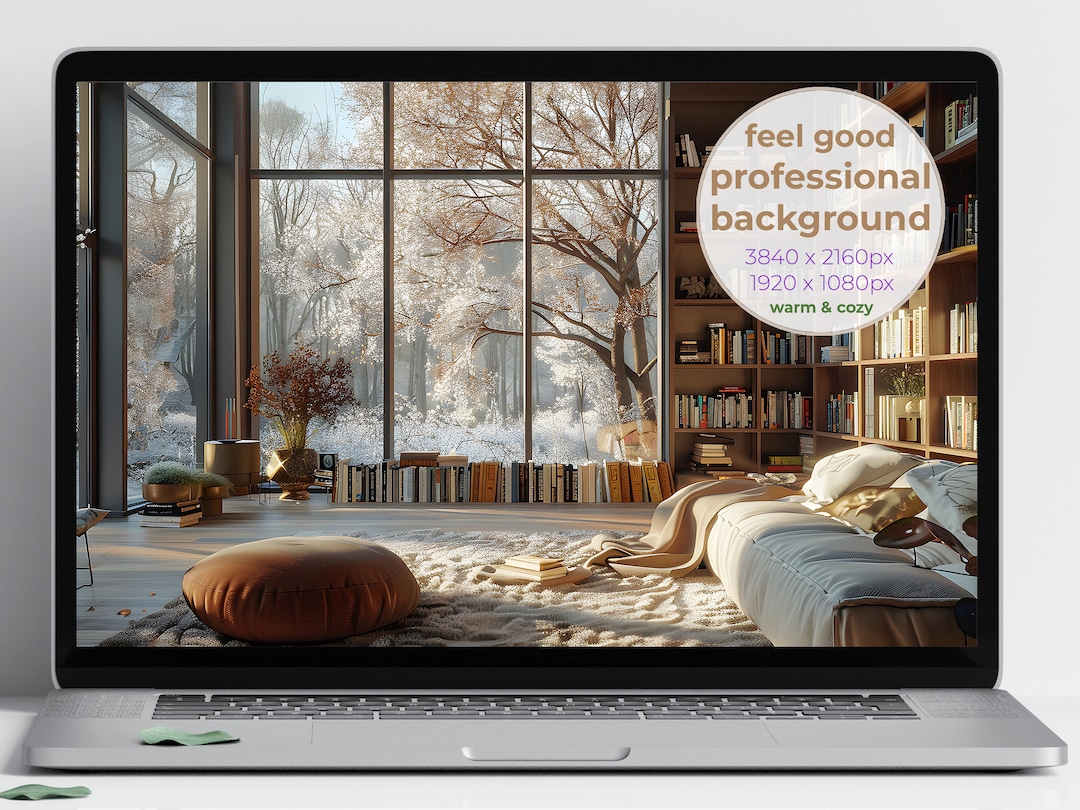 Sunlit Winter Home Library Virtual Background Elegant & Cozy Workspace ...